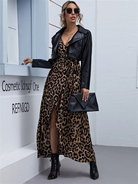 Shein Leopard Print Self Belt Wrap Cami Dress Wrap Cami Dress