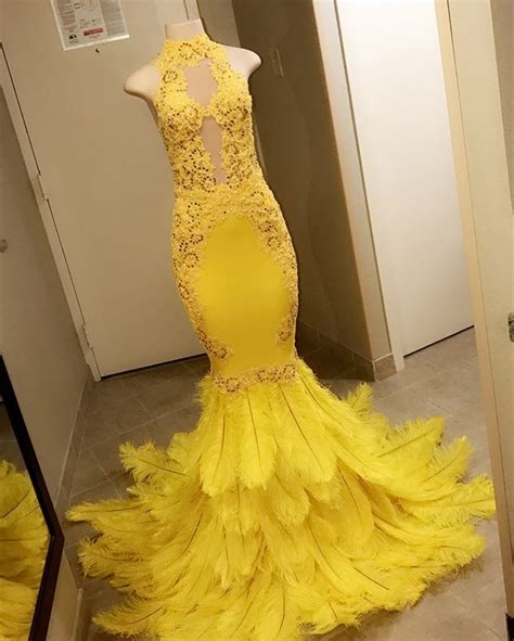 Gorgeous Yellow High Neck Mermaid Prom Dress 2020 Lace Sequins Evening