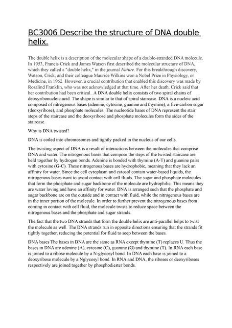 Bc3006 Describe The Structure Of Dna Double Helix The Double Helix Is
