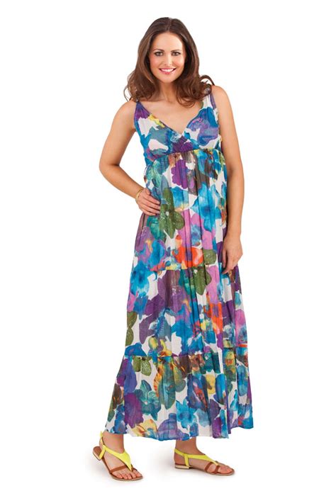 Womens 100 Cotton Flower V Neck Maxi Full Length Summer Dress Ladies