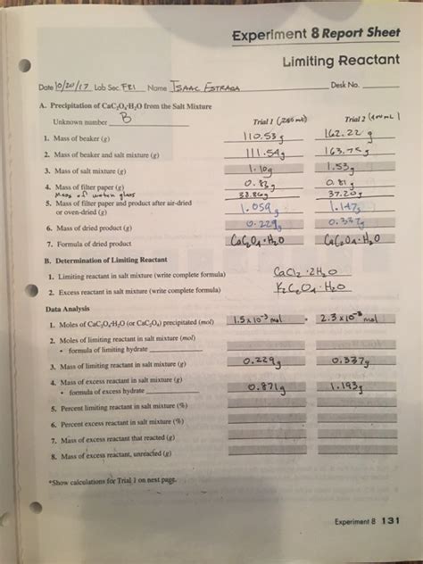 solved experiment 8 report sheet limiting reactant date l