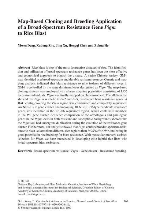 Pdf Map Based Cloning And Breeding Application Of A Broad Spectrum