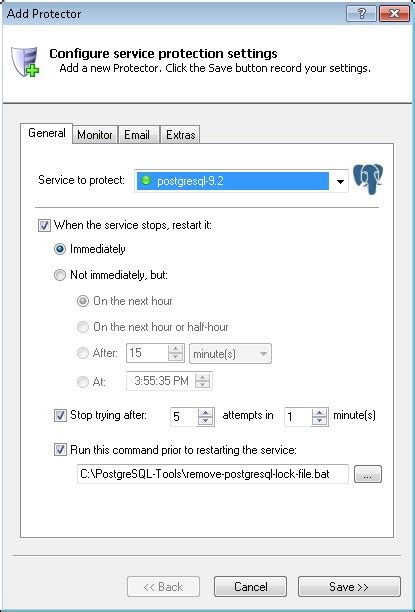 auto restart postgresql database windows service service protector