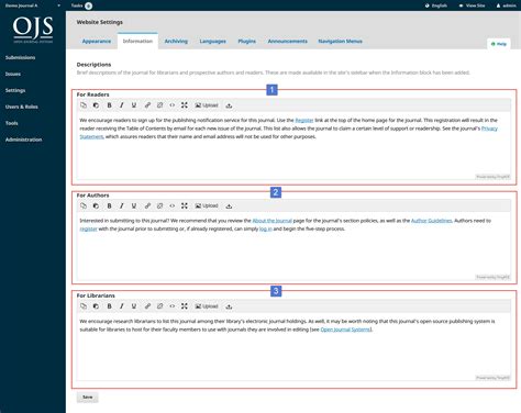 ojs 3 website settings information open journal systems