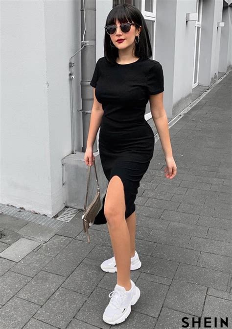 Shein Basics Cotton Split Hem Rib Knit Pencil Dress Shein Usa