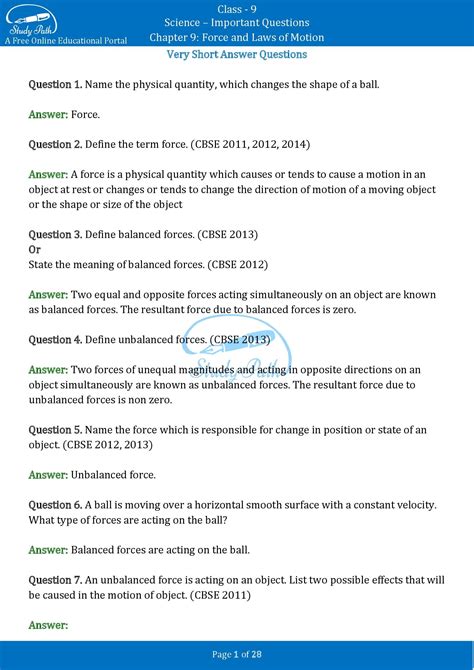 Important Questions For Class 9 Science Chapter 9 Force And Laws Of Motion