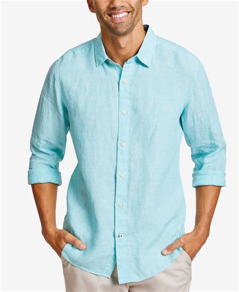 Nautica Mens Classic Fit Solid Linen Shirt Aqua Dream Casual