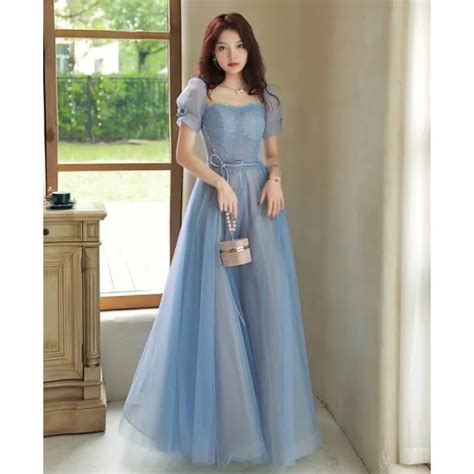 Modest Simple Sky Blue Prom Dresses 2023 A Line Princess Square
