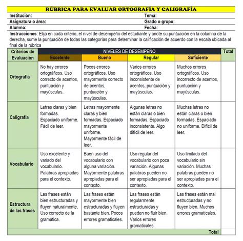 Rúbrica Para Evaluar Ortografía Y Caligrafía Tu Maestros