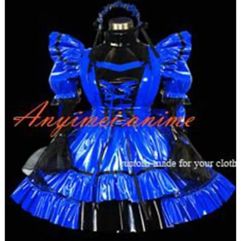 Sexy Sissy Maid Blue Pvc Dress Lockable Uniform Cosplay Costume Tailor