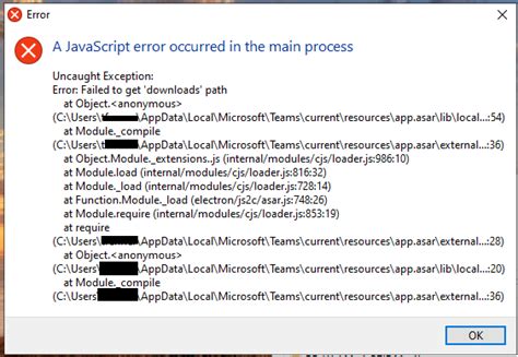 38 a javascript error occurred in the main process teams javascript