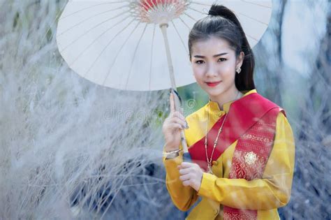 Thai Traditional Uniform Dress Woman Wearing Typical Thai Dress Stock