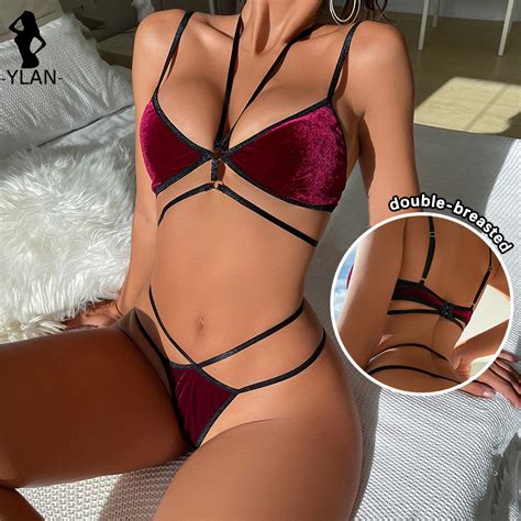 Uaang Velvet Lingerie Set Halter Bra And Panty Set Wire Free Triangle
