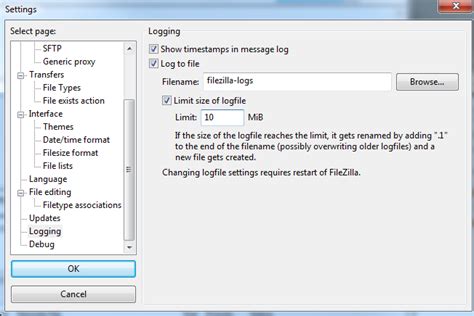 how to enable logging in filezilla