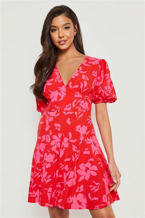 Floral Chiffon Puff Sleeve Skater Dress Boohoo Uk