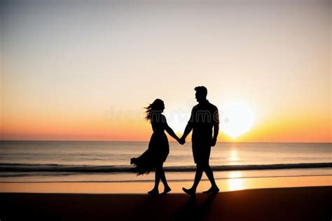 Silhouette Of Young Couple Holding Hands On The Beach At Sunset Ai