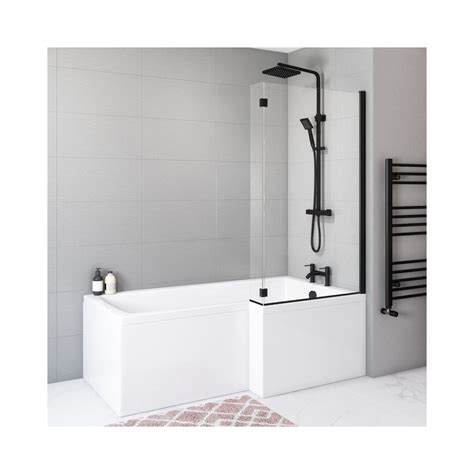L Shaped Black Framed Shower Bath Screen 1450mm Pluto Better Bathrooms