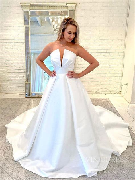 Deep V Neck Strapless Satin Wedding Dresses With Pockets Vw1867