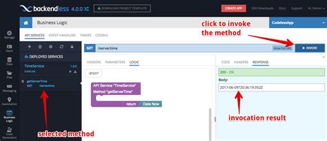 invoking service method backendless codeless development guide