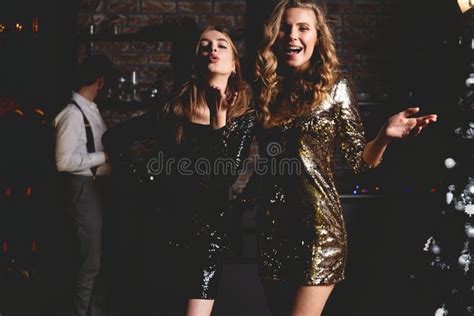 Cute Girls Cheerful Best Friends Enjoying Party Having Fun Hugging