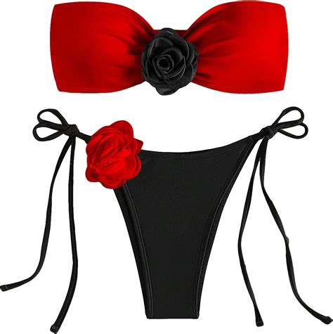 Gorglitter Womens 2 Piece 3d Floral Strapless Swimsuit Bandeau Top