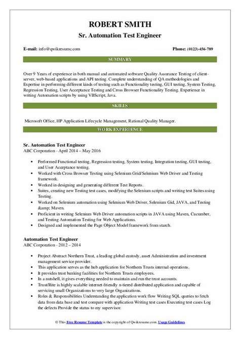 automation test engineer resume samples qwikresume
