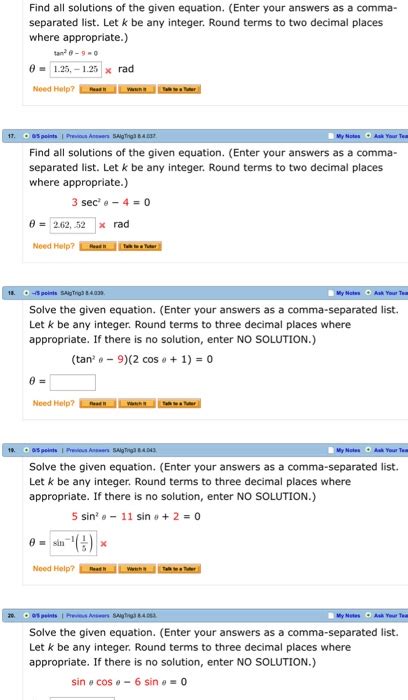 Solved Find All Solutions Of The Given Equation Enter Your