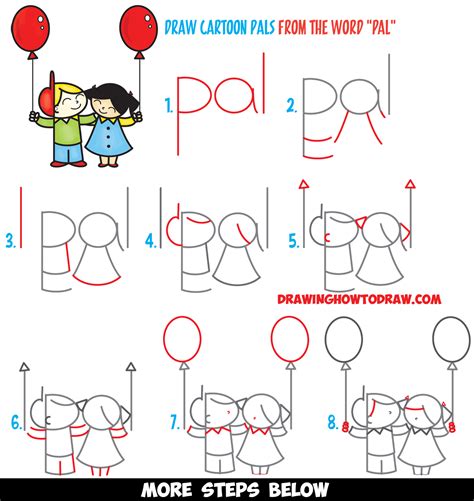 how to draw 2 cartoon friends or pals from the word pal