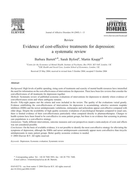 Pdf Evidence Of Cost Effective Treatments For Depression A