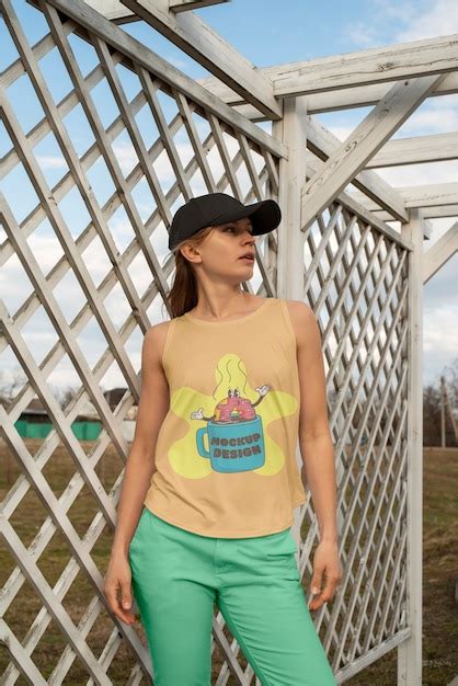Premium Psd Woman Wearing T Shirt Mock Up Design Outdoors