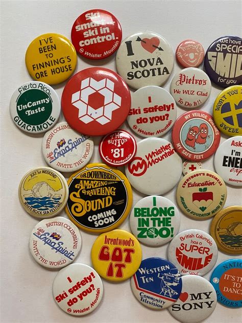 Vintage Pin Back Buttons Badges Lot Canadian 70s 80s … Gem