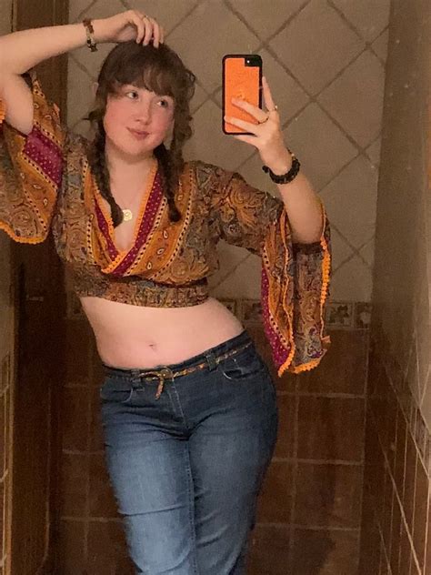 Crystals Bangs Indie Outfit Brown Sage Green Eyes Bohemian Rings Wavy