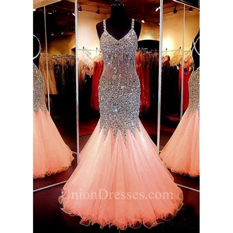 Stunning Mermaid Backless Blush Pink Tulle Beaded Prom Dress With Straps