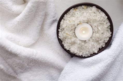 Top View Of Sea Salt Candle White Towels Concept Of Spa Treatments