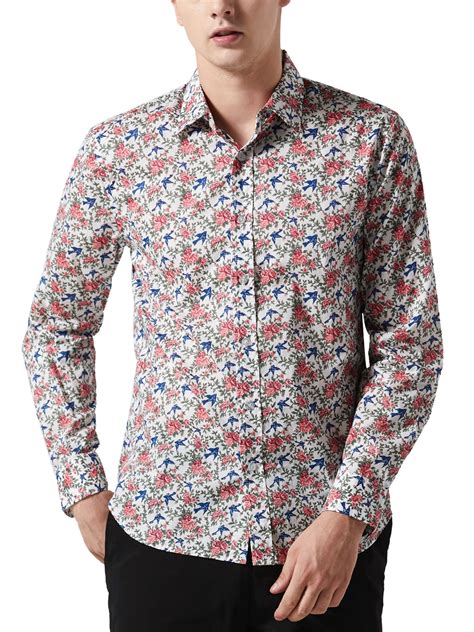Unique Bargains Mens Retro Button Down Long Sleeve Floral Printed