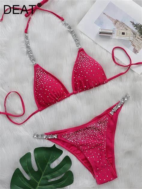 Deat Shiny Diamond Party Bikini Two Piece Set Women S Sexy Solid Color