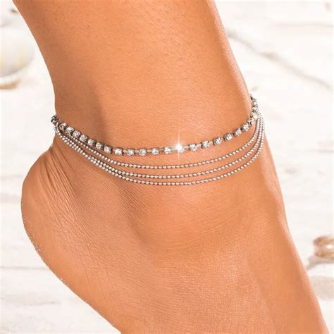 Lovely Girl Shining Crystal Ankle Bracelet Silver Color Multilayer Bead
