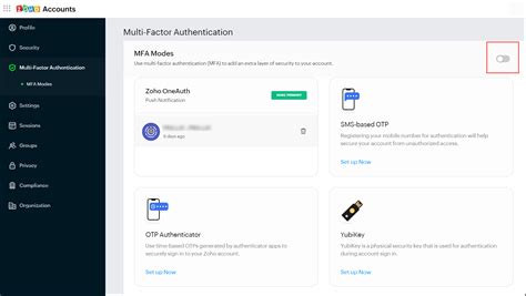 disable multi factor authentication mfa zoho accounts
