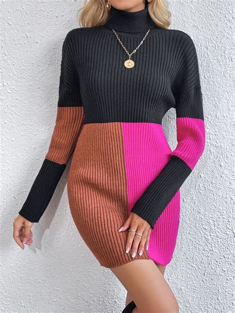 Vestido De Tricô Bloco De Cores Pescoço De Tartaruga