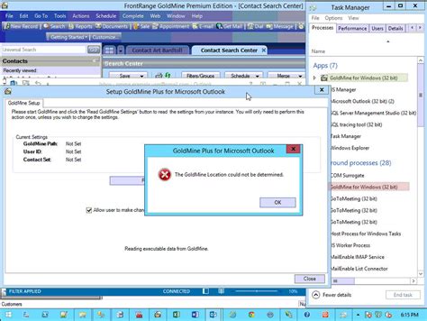 when trying to read settings from goldmine plus for microsoft outlook