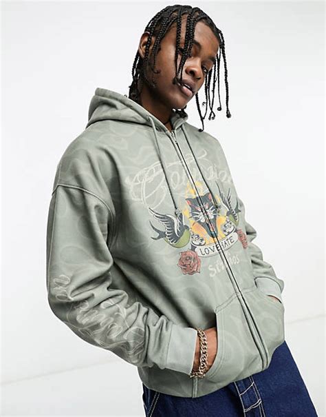 Collusion Zip Up Hoodie With Tattoo Print In Washed Green Asos