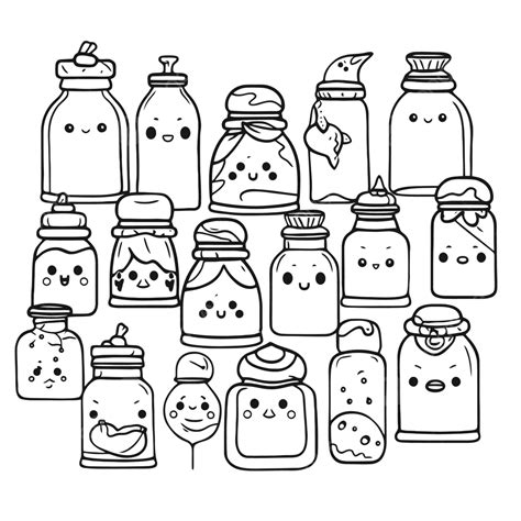Kawaii Coloring Page With All Kinds Of Cute Moji Jars Outline Sketch