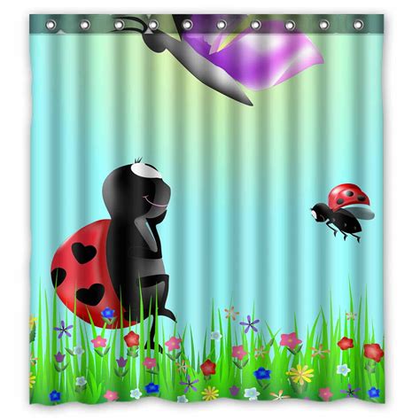 Pkqwtm Ladybug And Butterfly Waterproof Polyester Fabric Shower Curtain