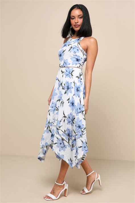 Lovely Blue And White Dress Floral Print Dress Midi Dress Lulus