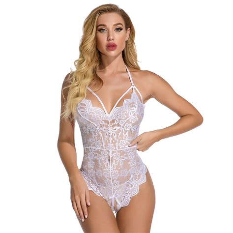 Munlar Sheer Womens Lingerie Crotchless Floral Lace Teddy Bodysuit