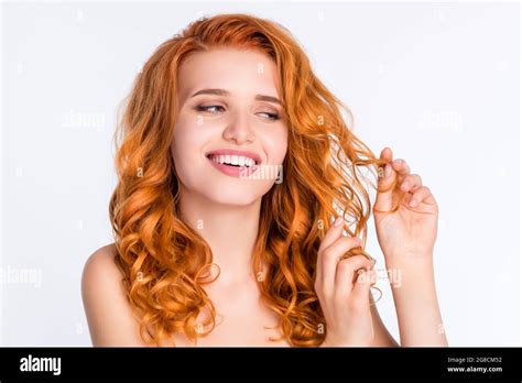 Photo Portrait Red Haired Girl Laughing Touching Silky Curles Isolated
