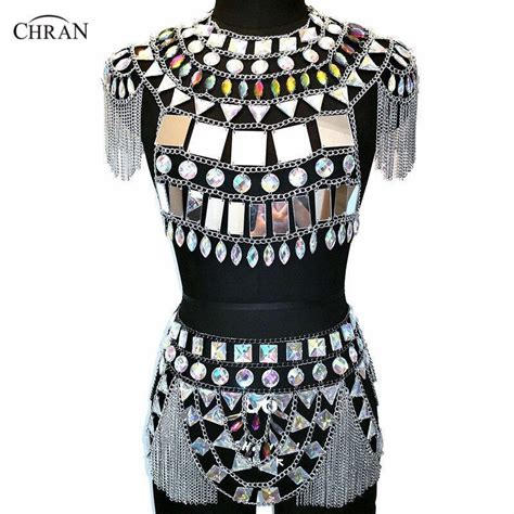 Bejeweled Crystal Mirror Fringe Body Chain Crop Top And Skirt Set In