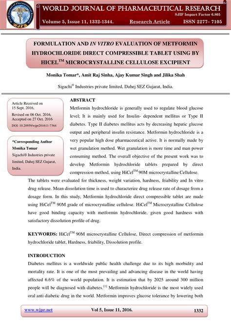pdf formulation and in vitro evaluation of metformin hydrochloride