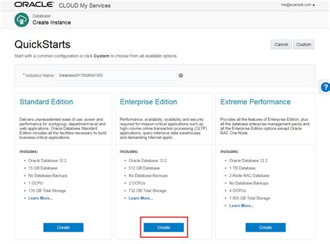 create a quickstart instance in database cloud service