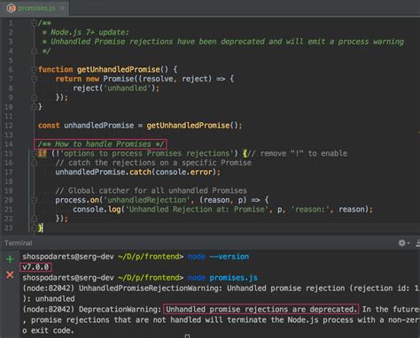 node js 7 unhandled promise rejections are deprecated